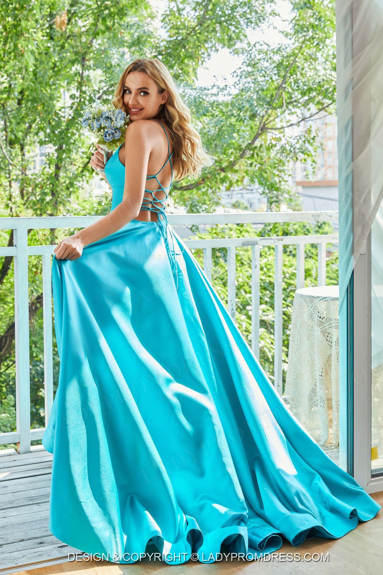 Satin Blue A Line Sweetheart Spaghetti Straps Long Prom Dresses 2024