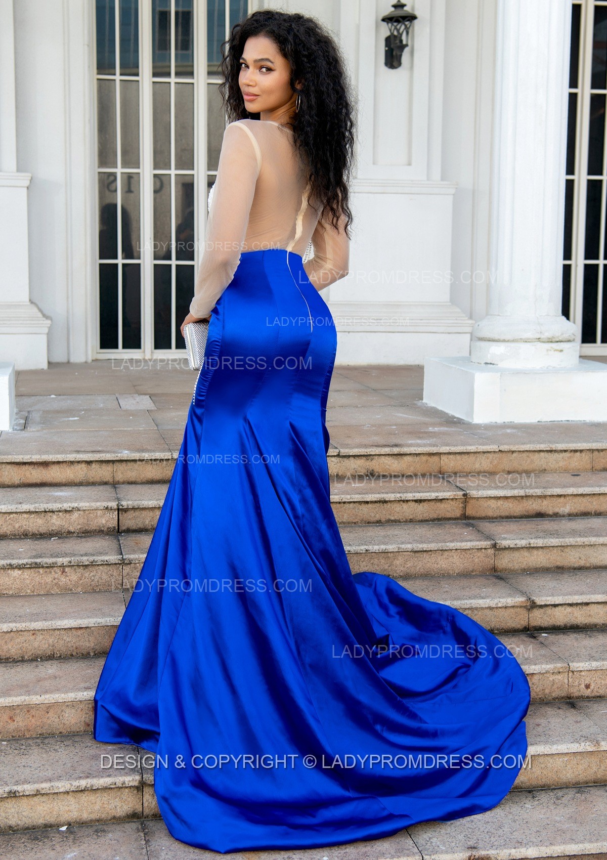 Pink Sheath/Column Silk Like Satin Long Sleeves Prom Dresses With Appliques