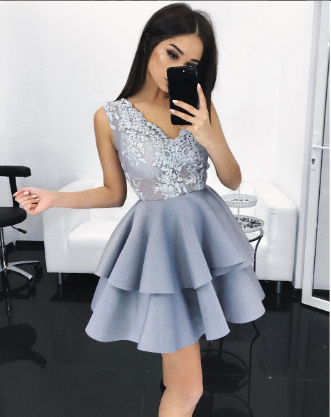 A Line V Neck Short Light Blue Satin Homecoming Dress 2024 With