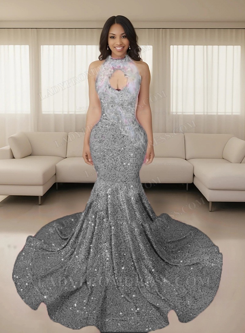 2026 Pink Halter Chest Hollow Sequins Mermaid Long Prom Dresses