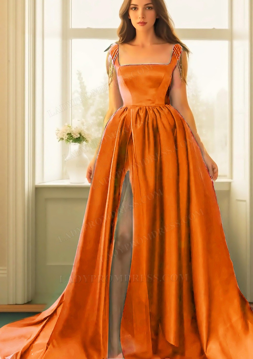 Orange Square Neck High Slit Satin Ball Gown Prom Dresses