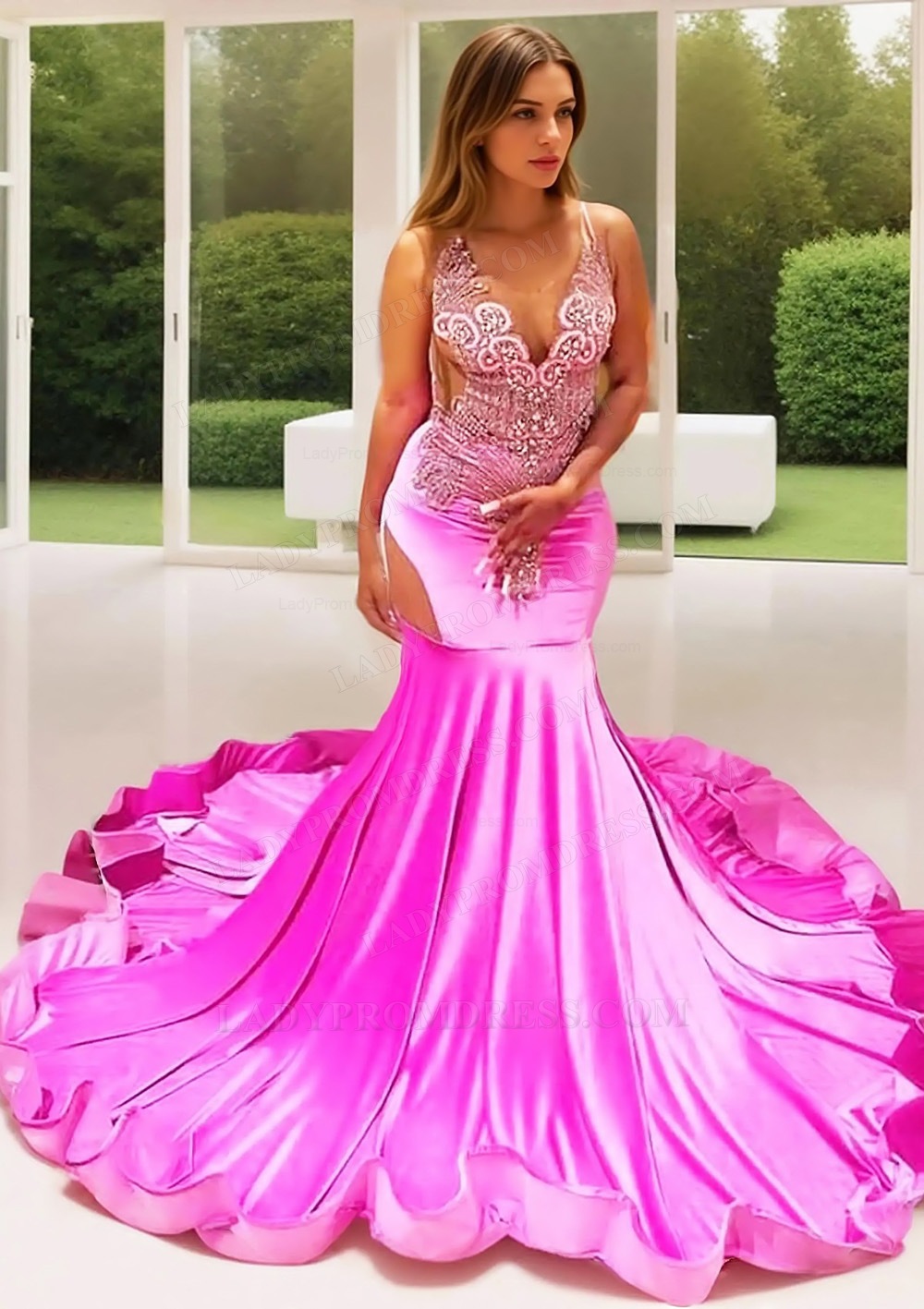Hot Pink Satin Sheer Bustline Mermaid Prom Dresses with Beaded